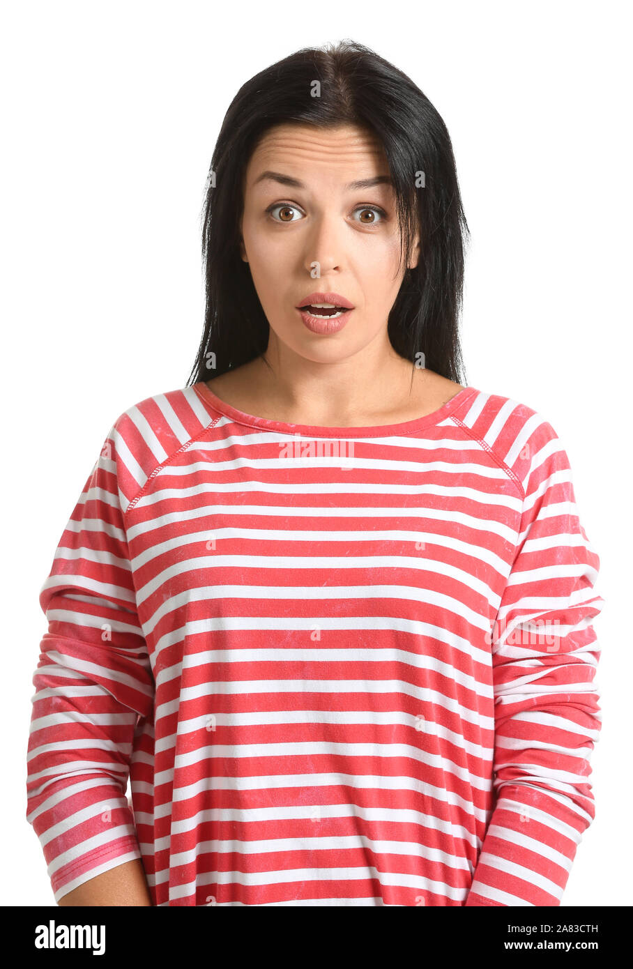 Portrait of scared woman on white background Stock Photo - Alamy
