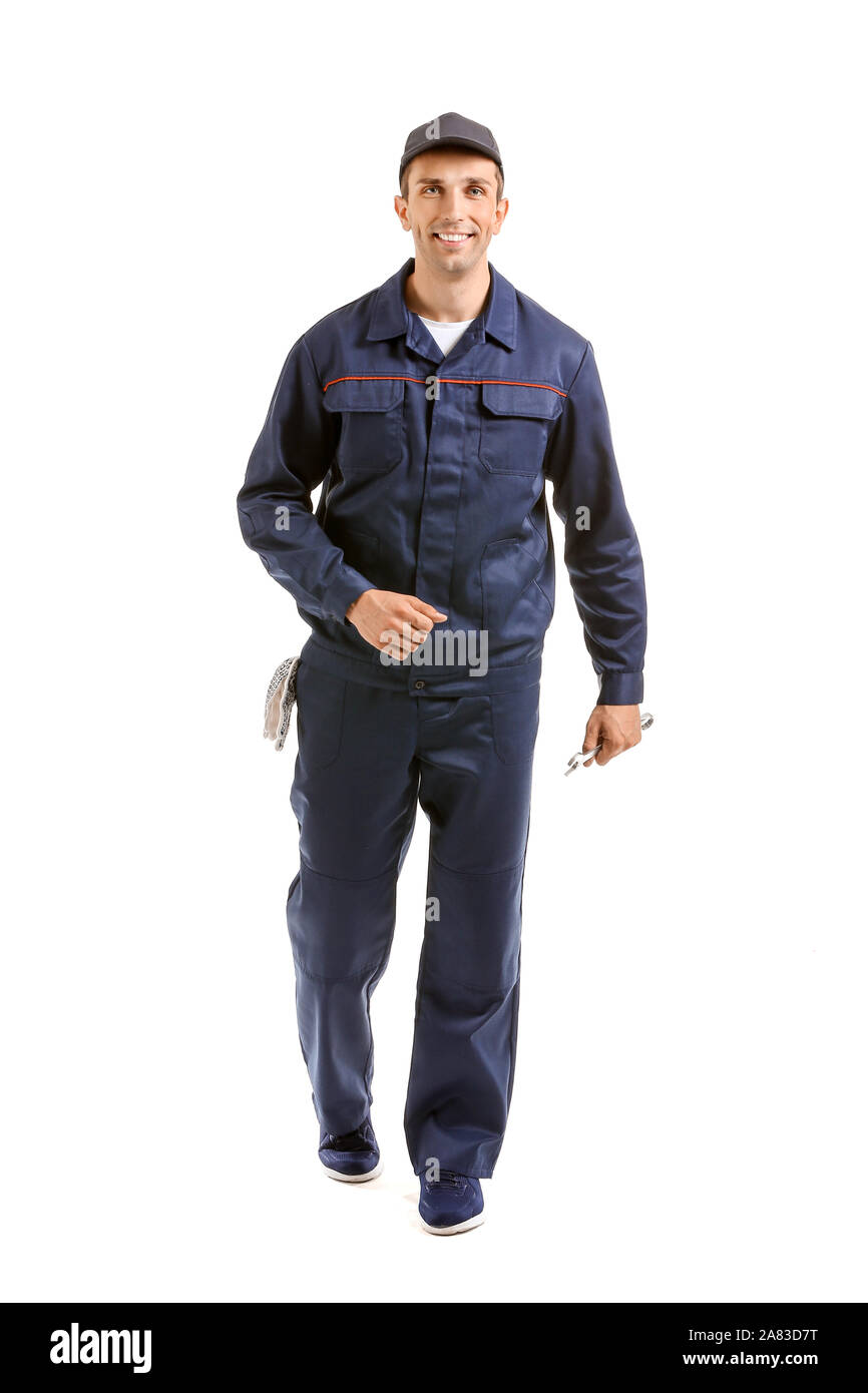 Male car mechanic on white background Stock Photo - Alamy