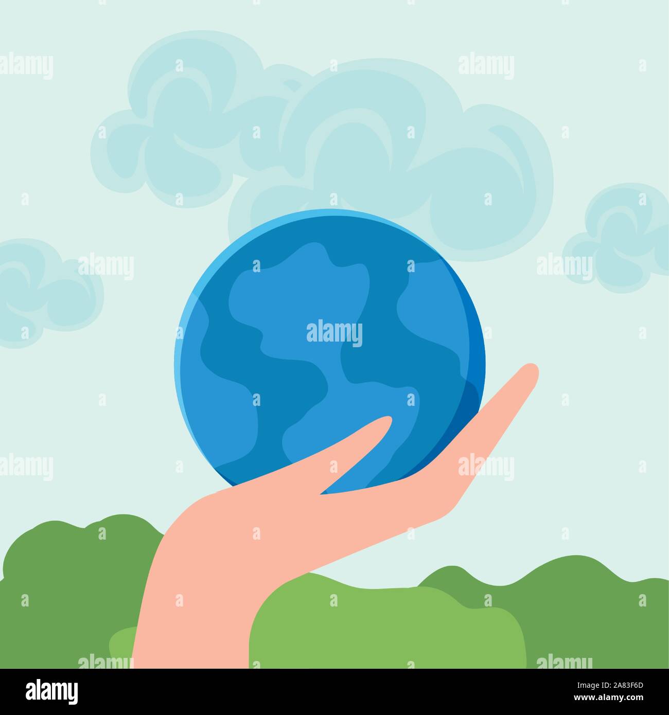 hand with planet earth in landscape vector illustration design Stock ...