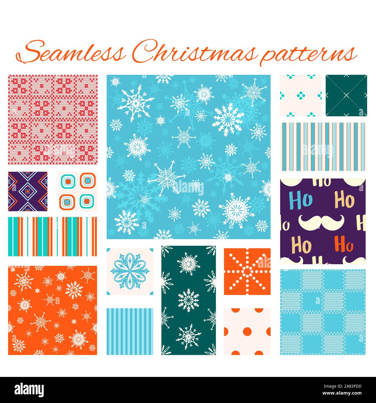 Set of seamless Christmas patterns with snowflakes, Santa's moustache ...