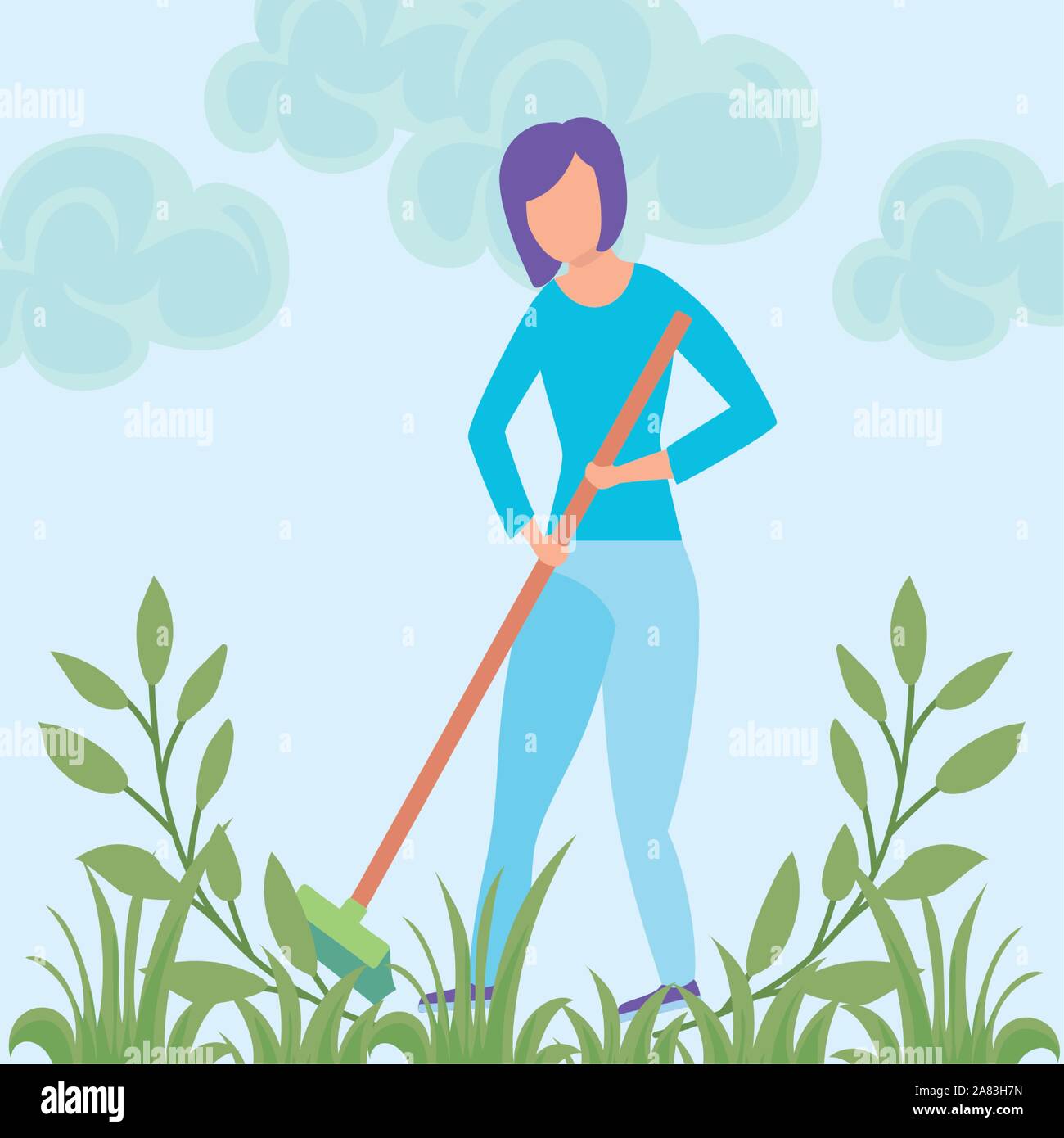 scene of woman with rake, tool of garden vector illustration design ...