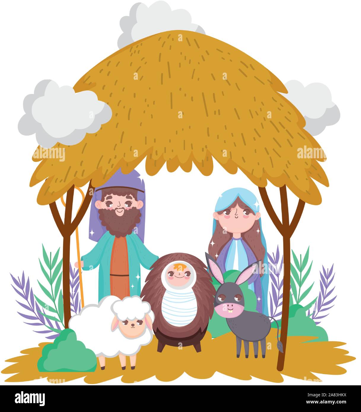 sacred family sheep and donkey manger nativity, merry christmas vector ...