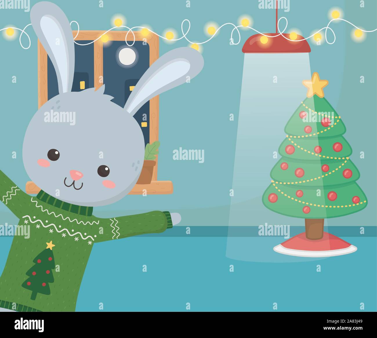 merry christmas celebration cute rabbit glowing lights lamp tree ...