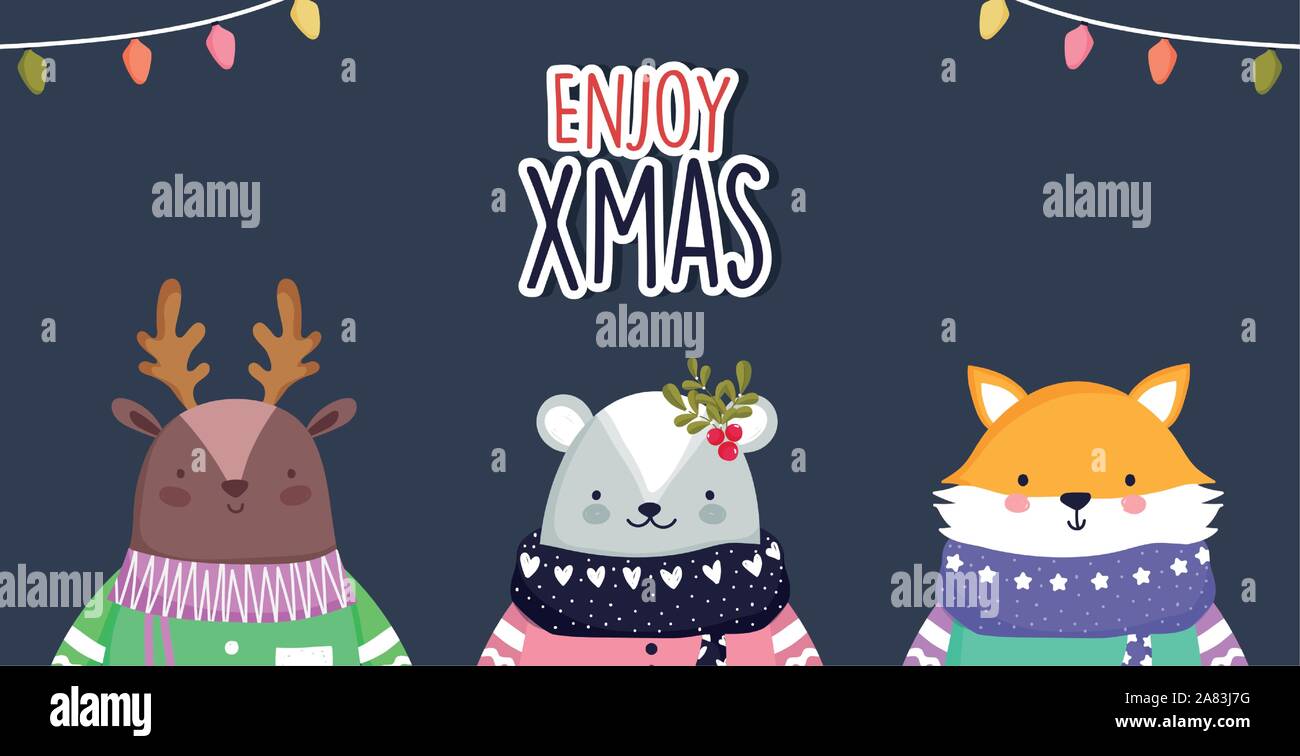 merry christmas celebration cute deer bear and fox with scarf and ...