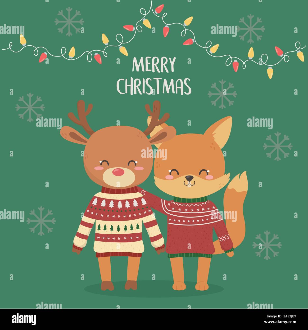 merry christmas celebration deer and fox with sweater lights green ...