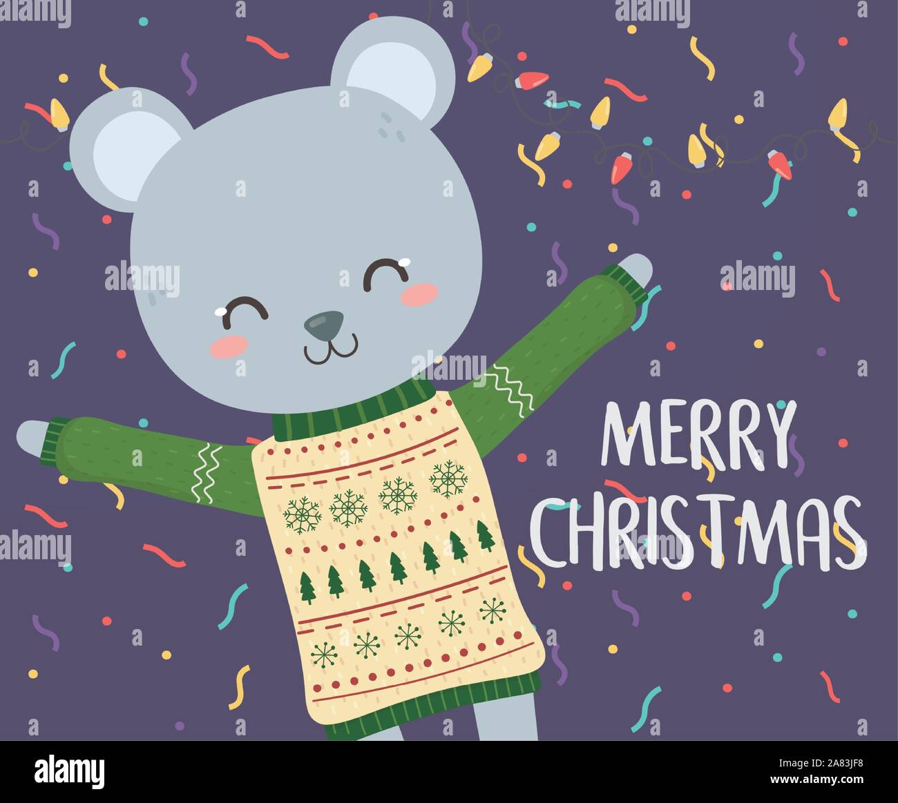 merry christmas celebration cute bear with sweater lights and confetti ...