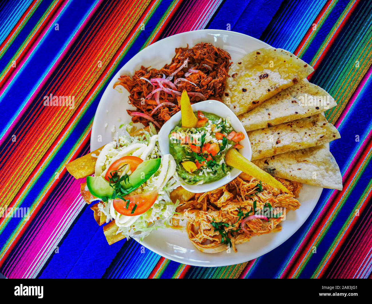 Mexican food mix colorful background, guacamole, cochinita pibil ...
