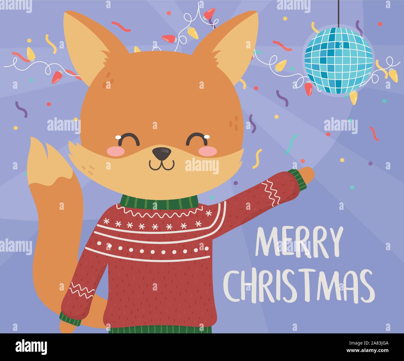 merry christmas celebration cute fox wearing sweater disco ball and ...