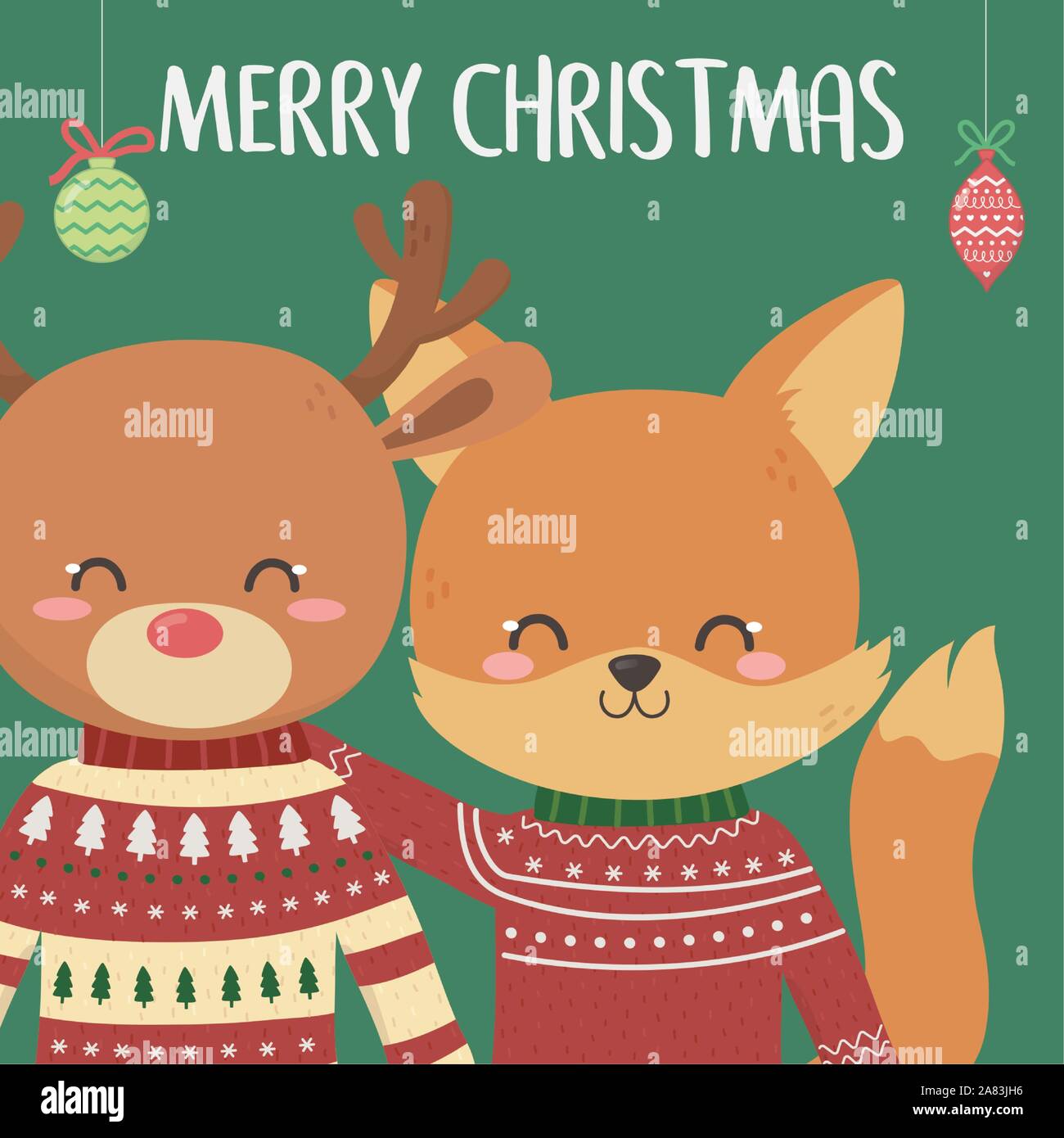 merry christmas celebration cute fox and deer embraced with sweater ...