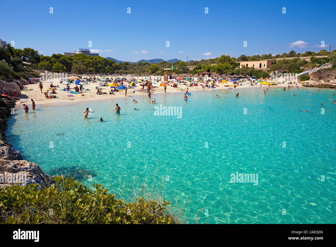 Cala Marcal, bathing beach at Porto Colom, Mallorca, Balearic islands ...