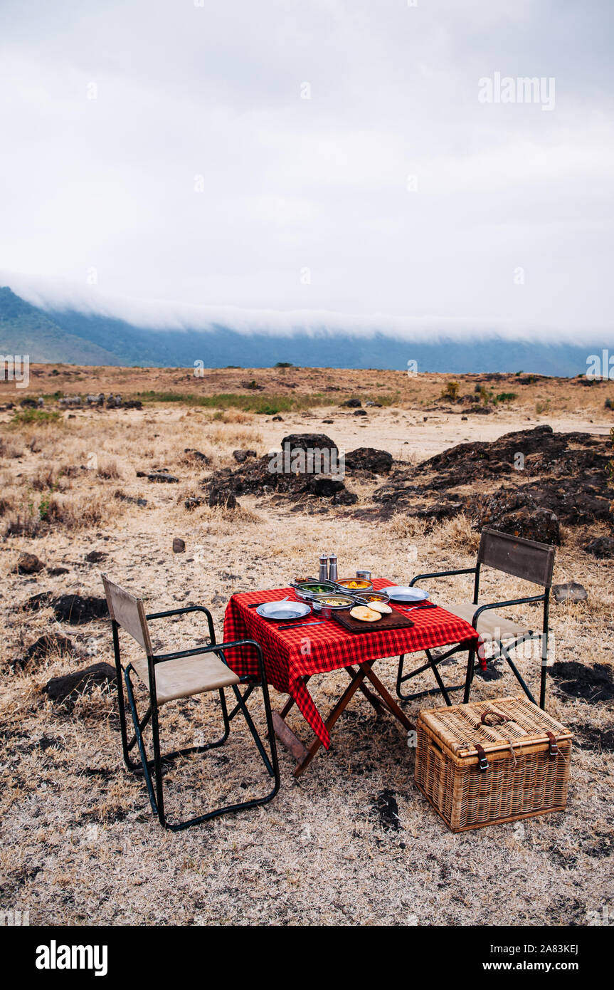 Safari outdoor picnic with African Tanzanian cuisine with baked Chapati ...