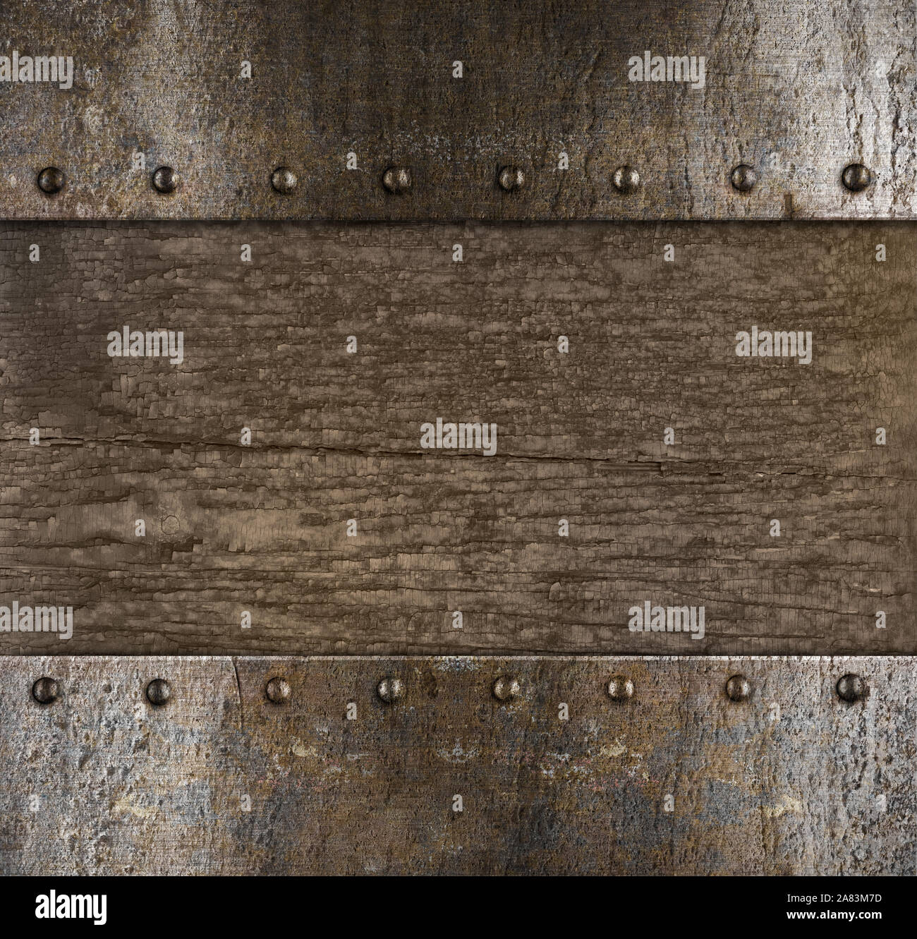 medieval metal frame with rivets over wood background Stock Photo - Alamy