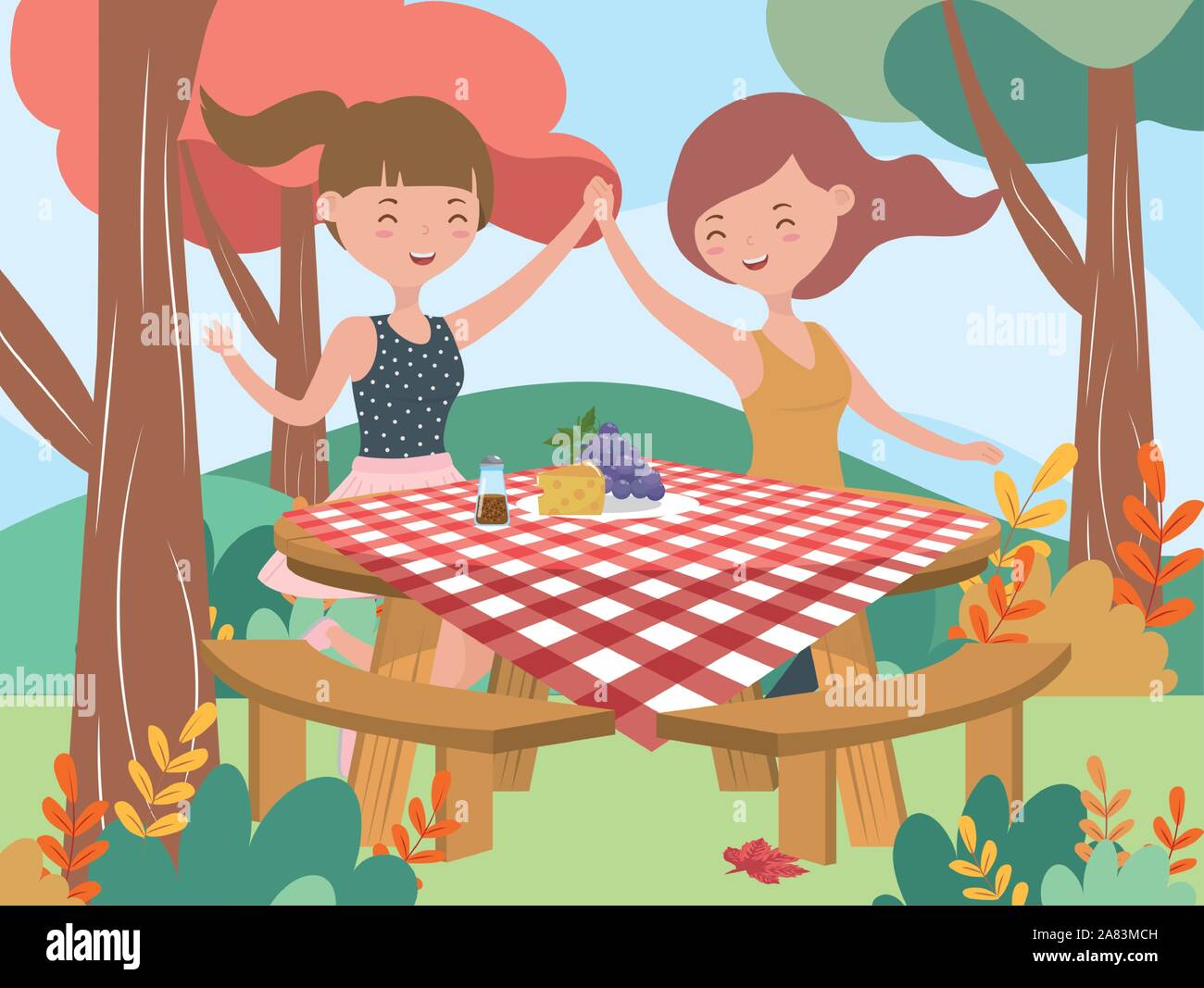 happy women with table food picnic nature landscape vector illustration ...