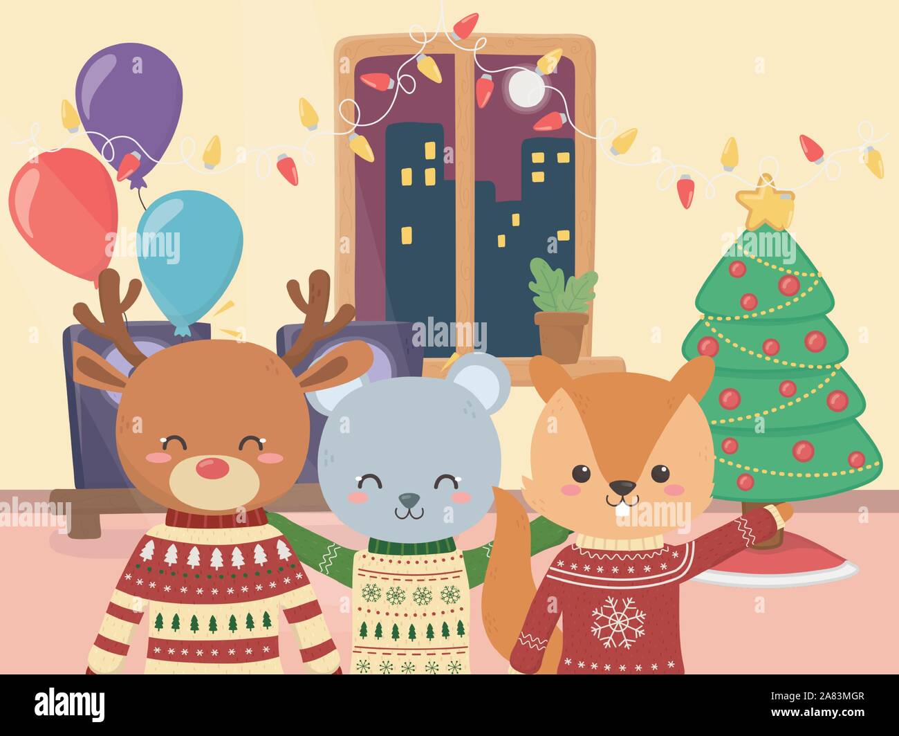 merry christmas celebration cute bear deer and squirrel with tree ...