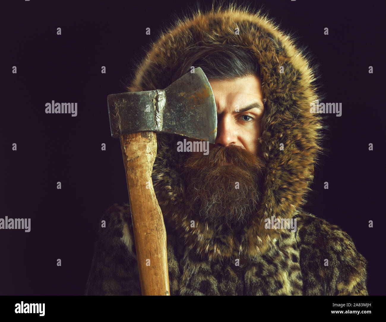 handsome bearded man or woodman guy with fashionable mustache and beard ...