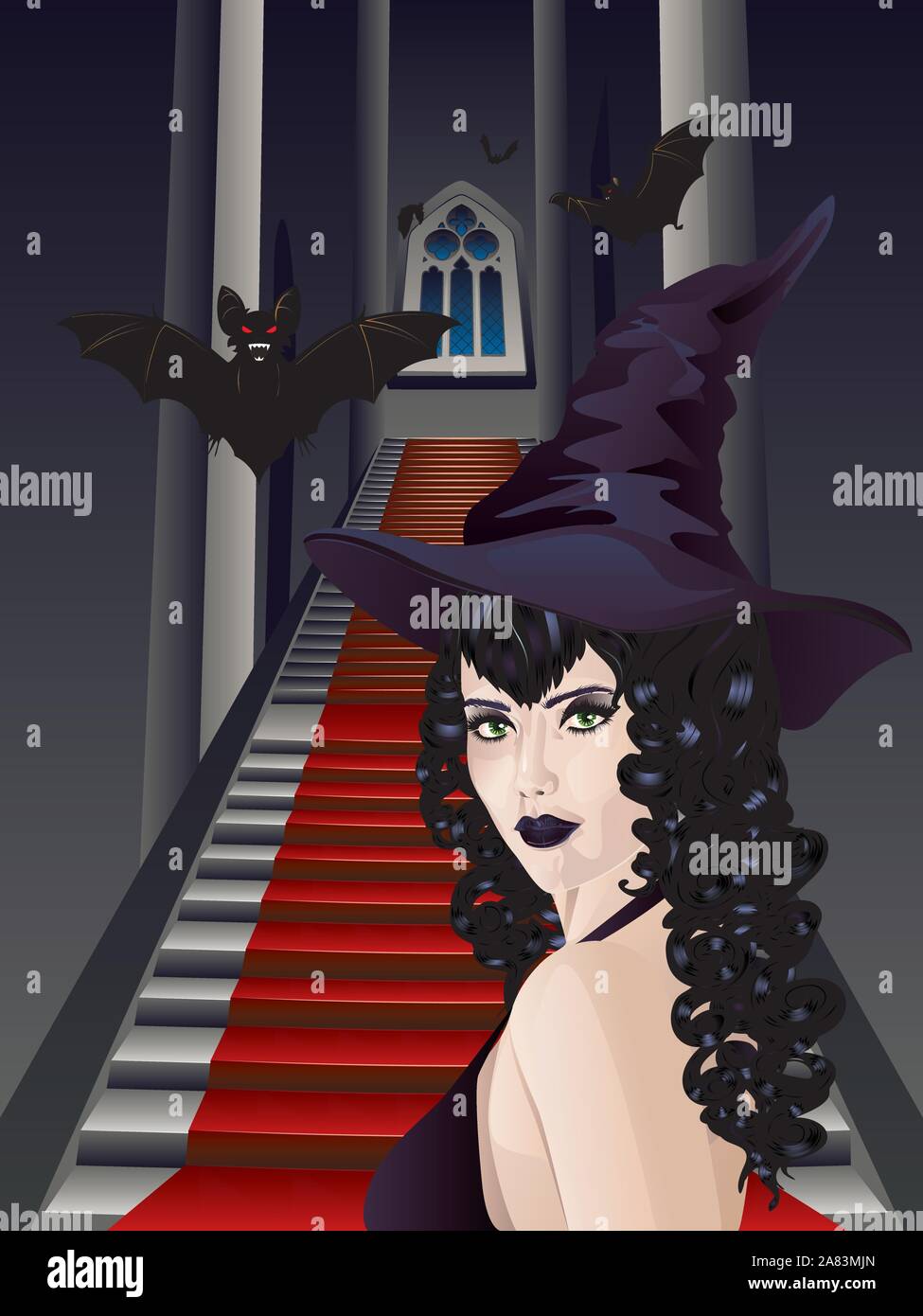 Vintage gothic room interior with stairs and witch or vampire Stock ...