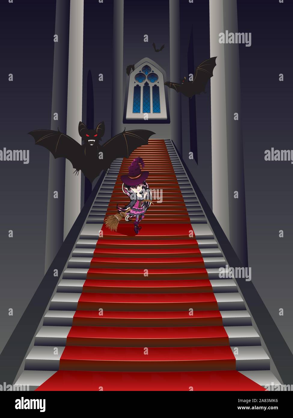 Vintage gothic room interior with stairs and witch or vampire Stock ...