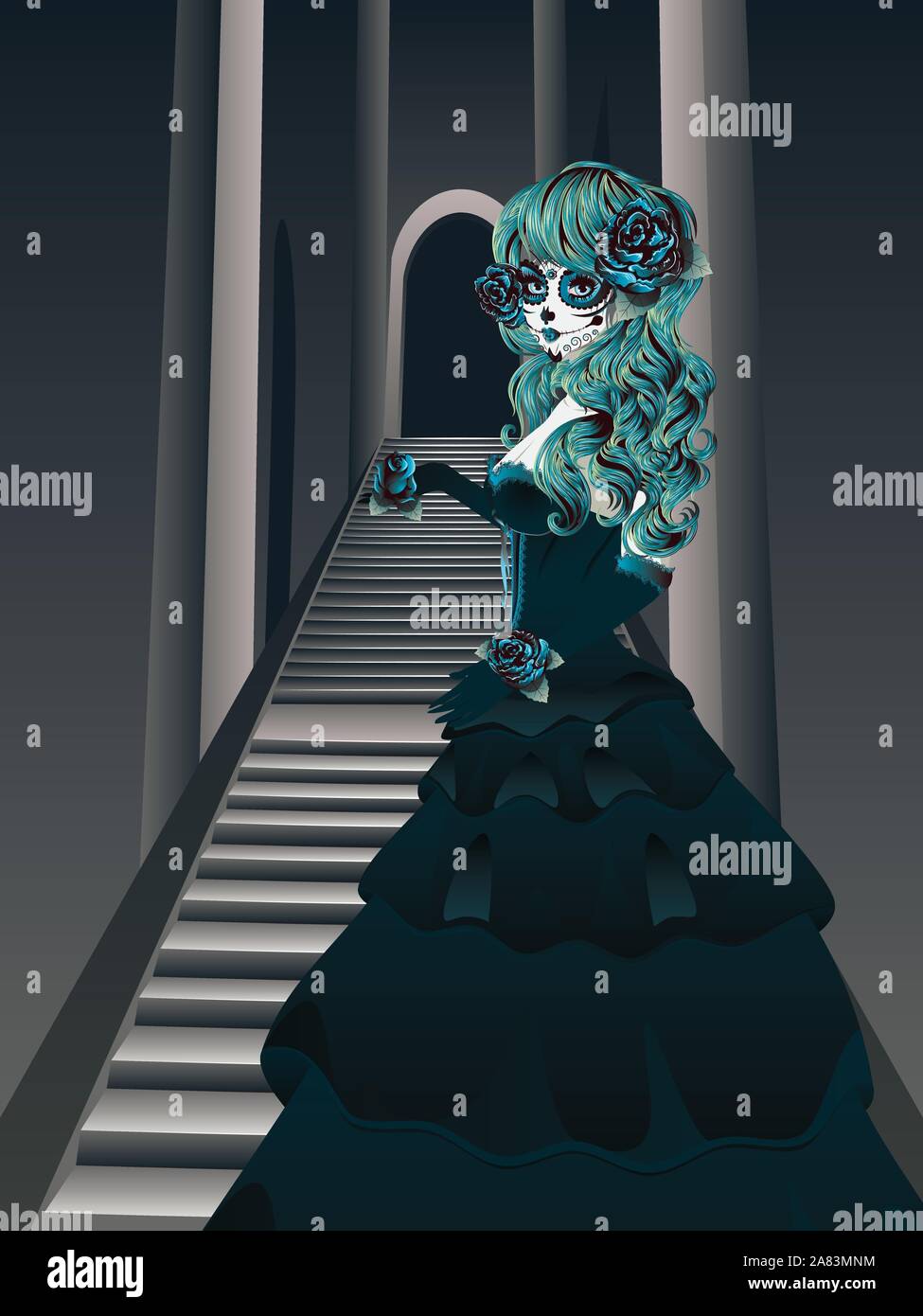 Vintage gothic room interior with stairs and witch or vampire Stock ...