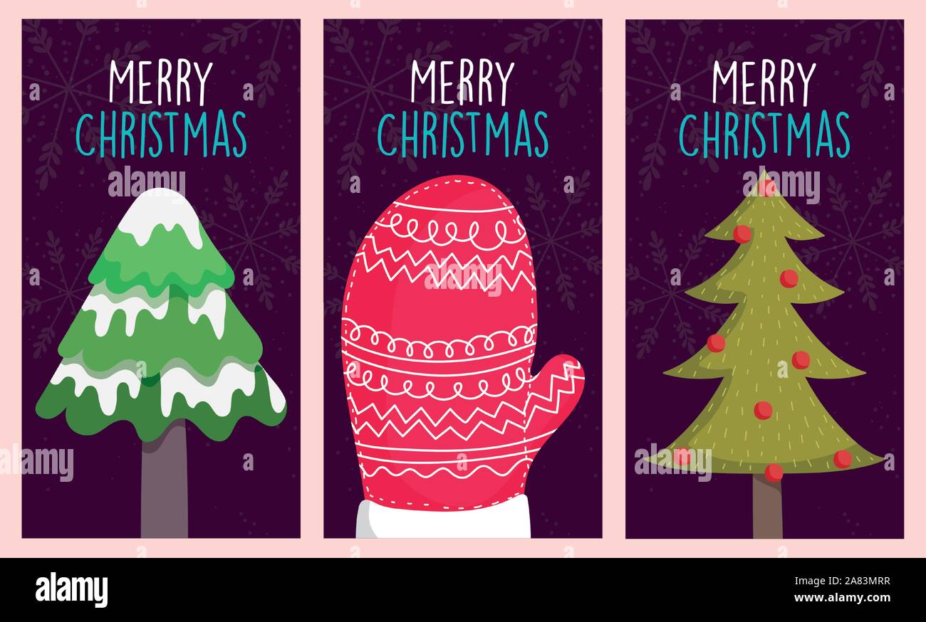 merry christmas celebration mitten and trees decoration cards vector ...