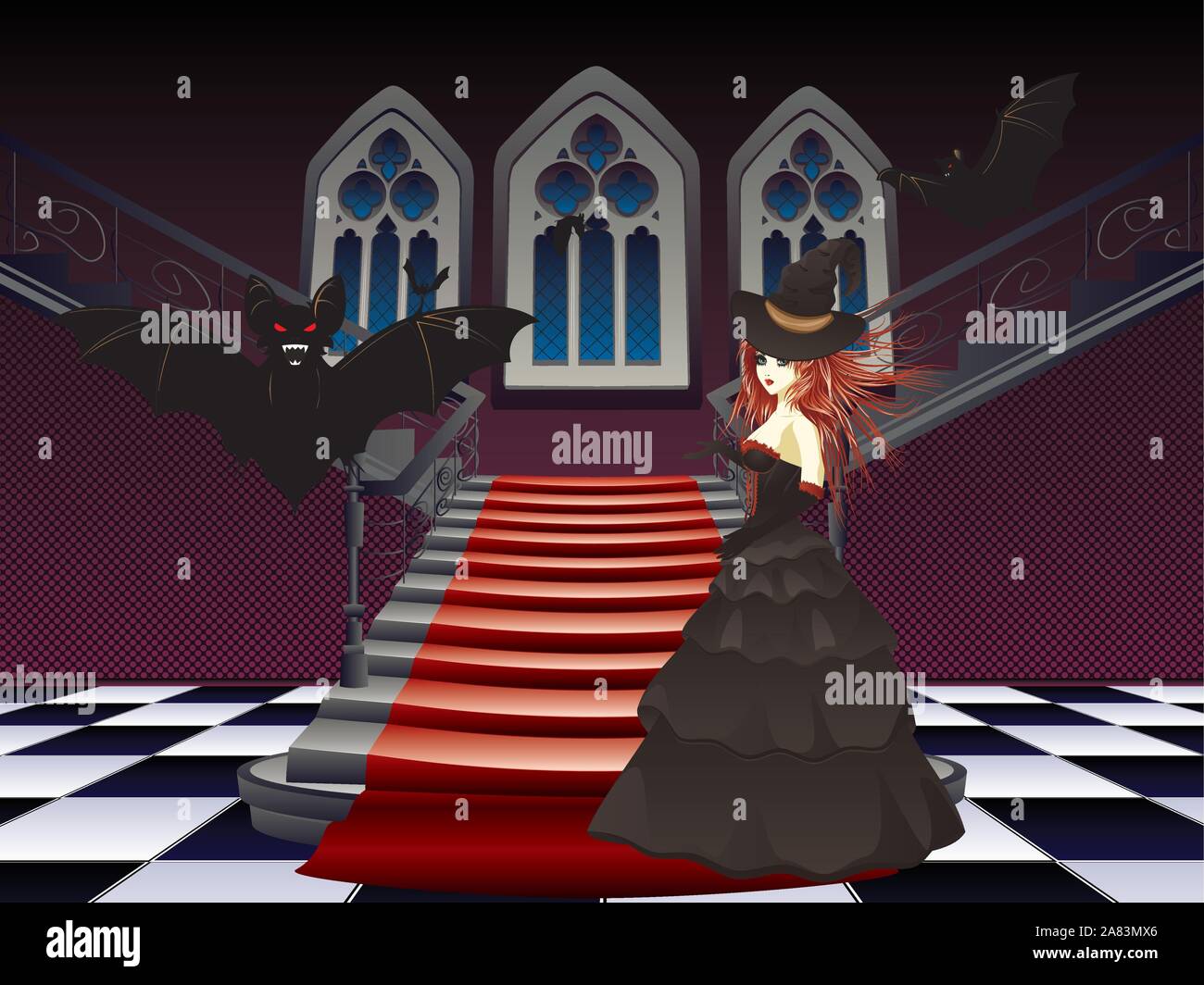 Vintage gothic room interior with stairs and witch or vampire Stock ...