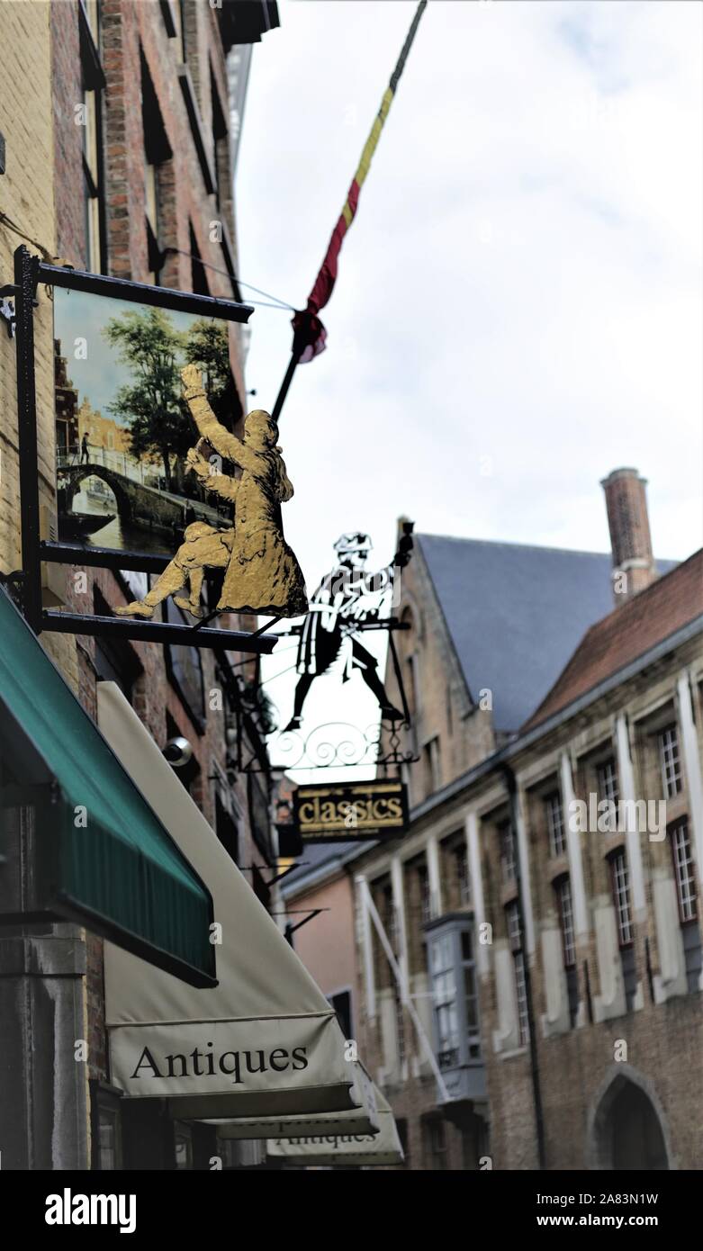 Signs in the city of Bruges detail of turist information in Belgium ...