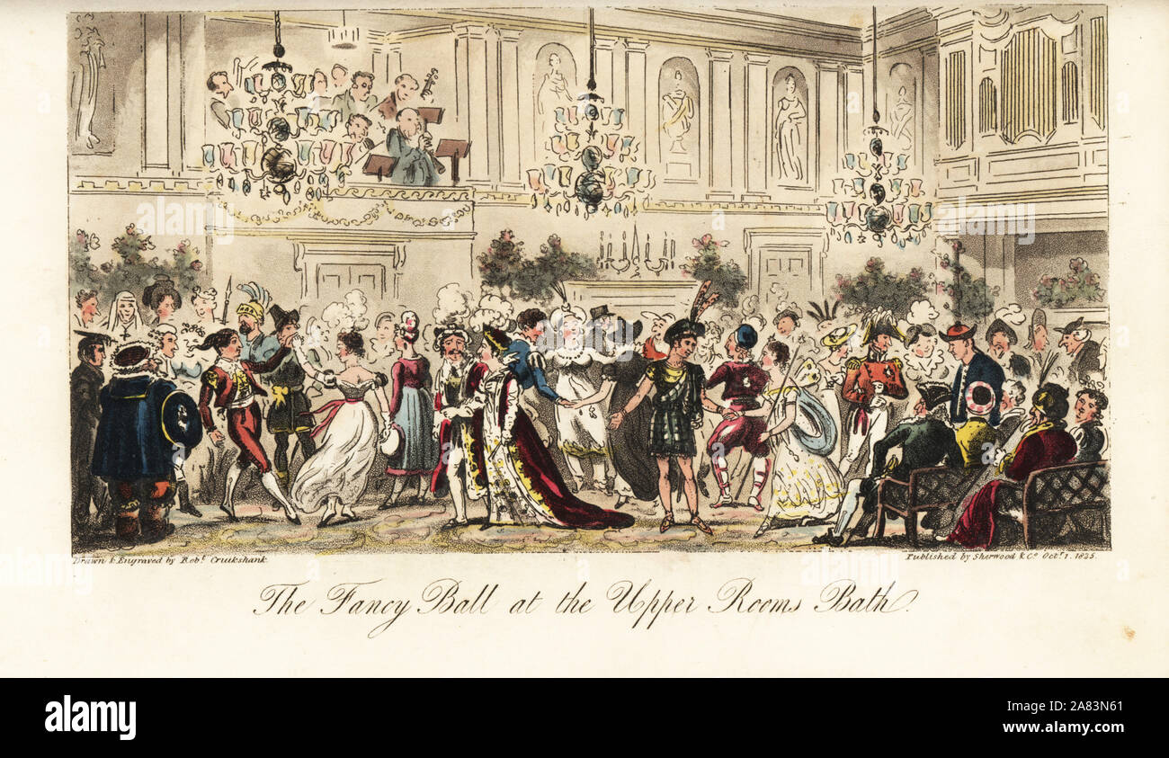 The Fancy Ball at the Upper Rooms, Bath. Fashionable Regency people in ...