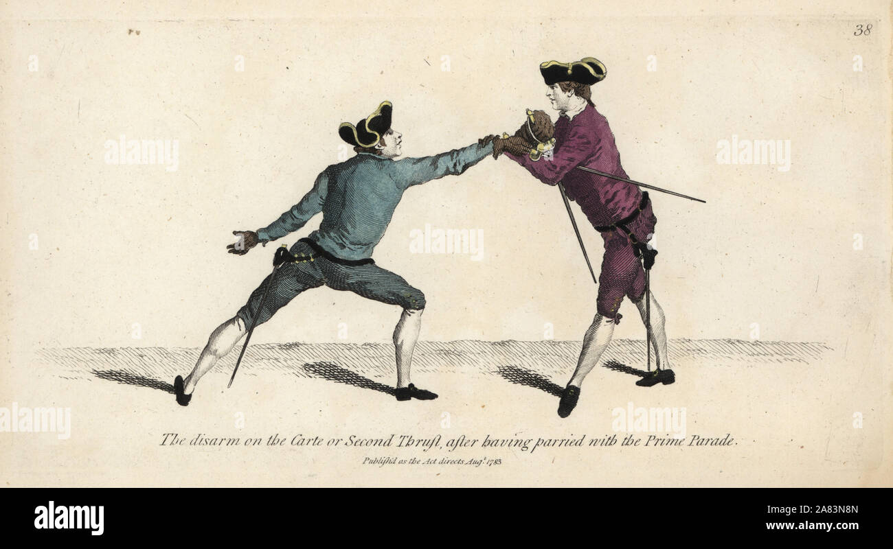 Gentleman fencer disarming his opponent on the Carte or Second Thrust ...