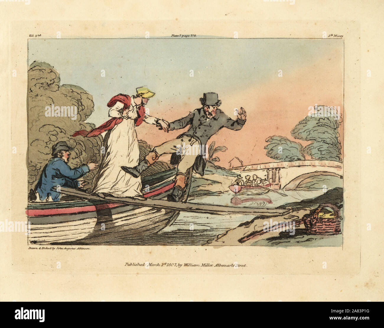 Gentleman helping a lady off a boat, losing his footing and falling in ...