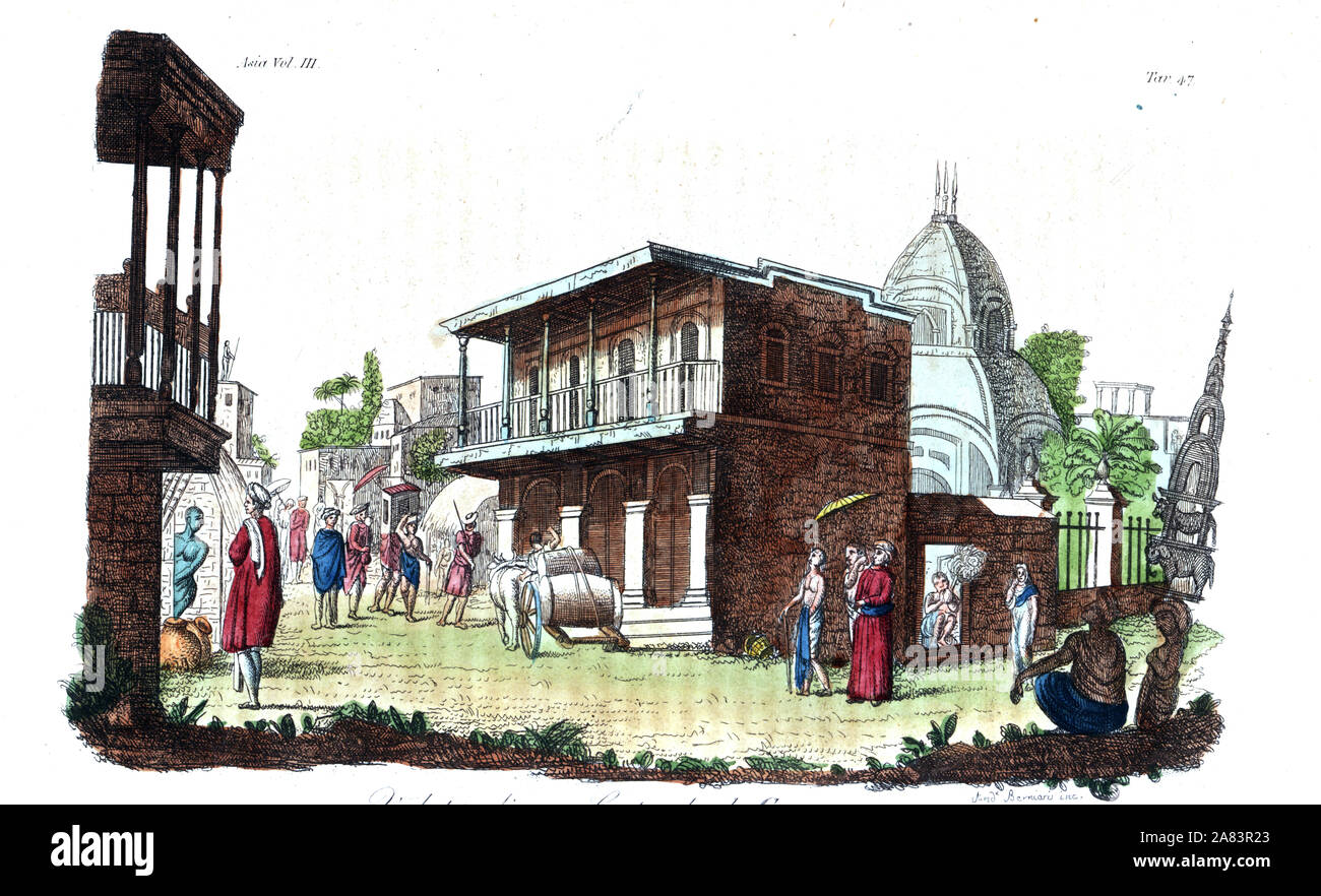 Hindu buildings in Calcutta. Handcoloured copperplate drawn and ...