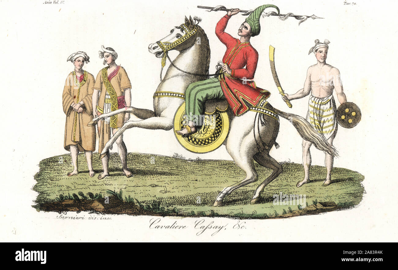 Man and woman of the Kayan mountain tribe, Cassay elite cavalryman of ...