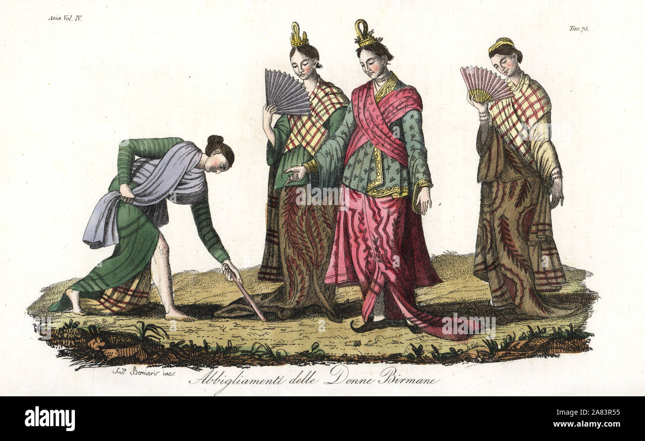 Court women of Burma in ceremonial dress. Servant bowing, chief ...