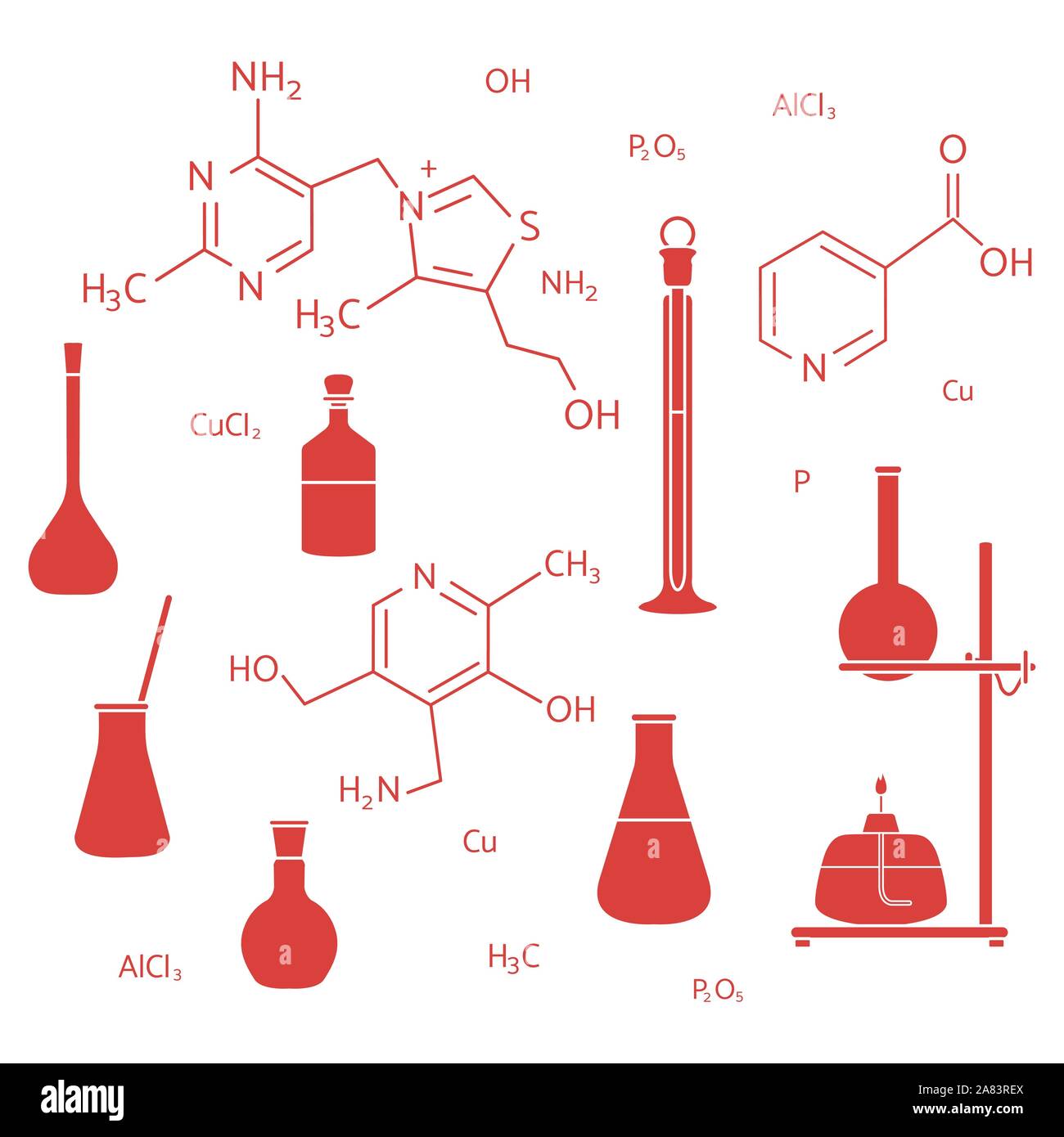 Vector illustration with glassware flasks, burner, equipment stand ...