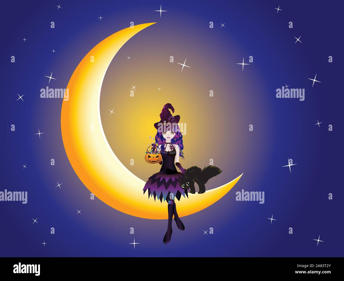 Cute halloween witch with black cat on the crescent moon Stock Vector ...