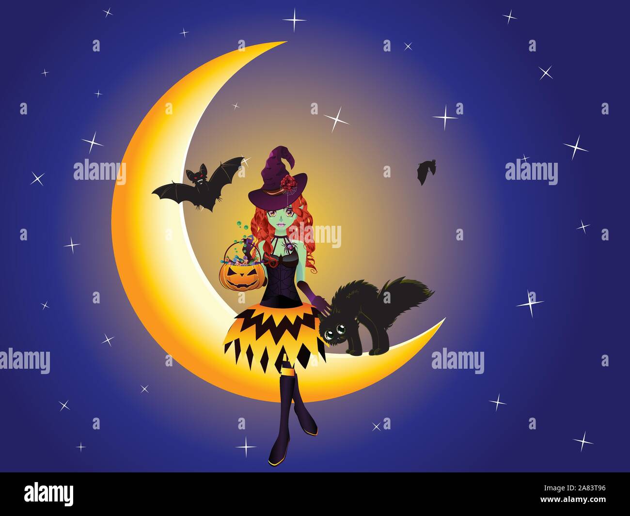 Cute halloween witch with black cat on the crescent moon Stock Vector ...