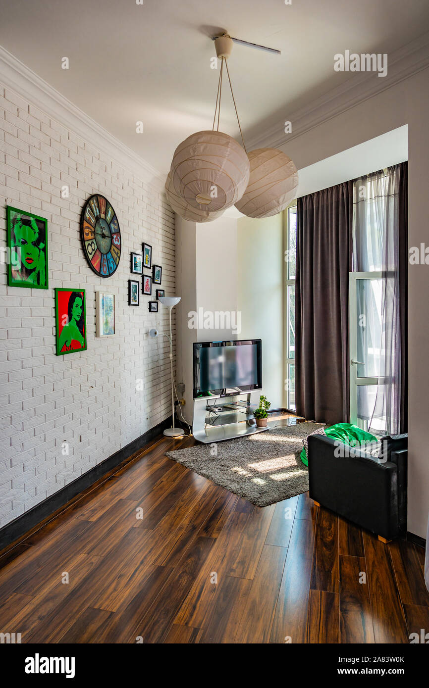 Hostel Living Room with Artistic Retro Paintings TV on a Cubicle and ...