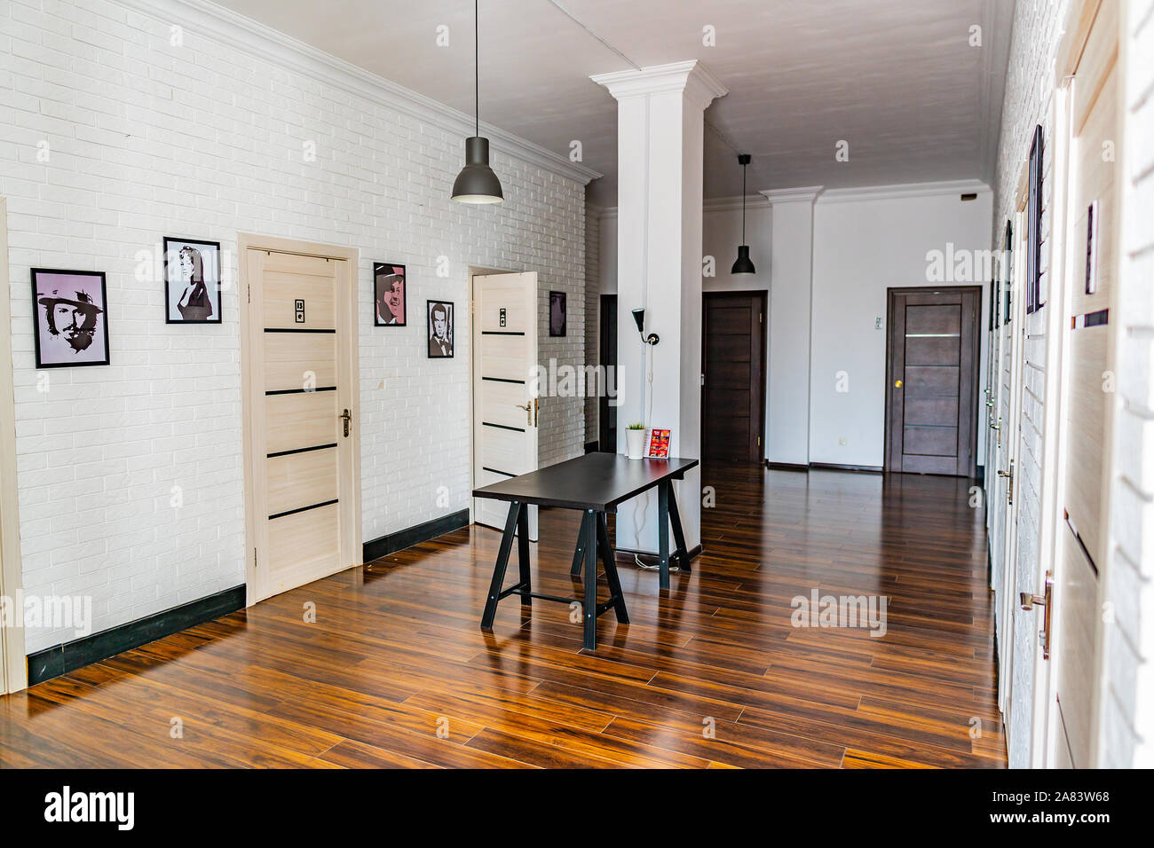 Hostel Corridor Room Doors with Artistic Retro Paintings Table with ...