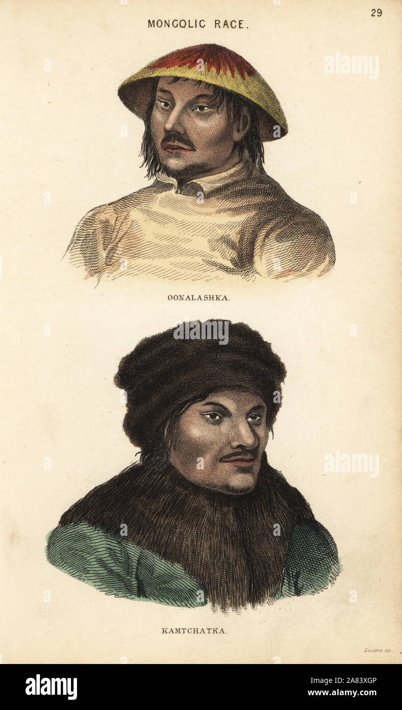 Aleut man of Unalaska in hat, and Itelmen man of Kamchatka in fur hat ...