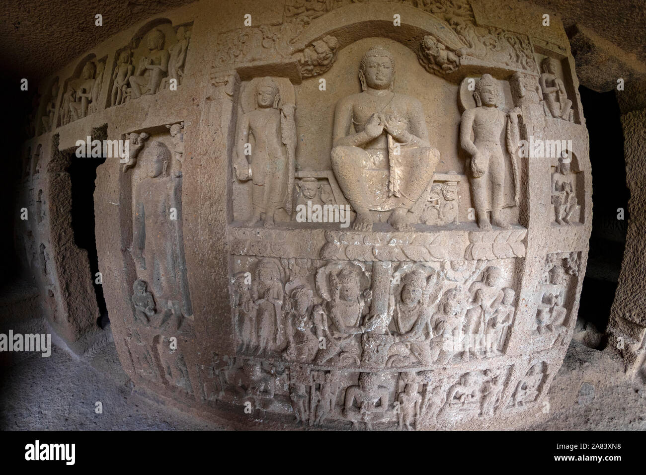 God budha hand made scriptures on walls in historic and centuries old ...