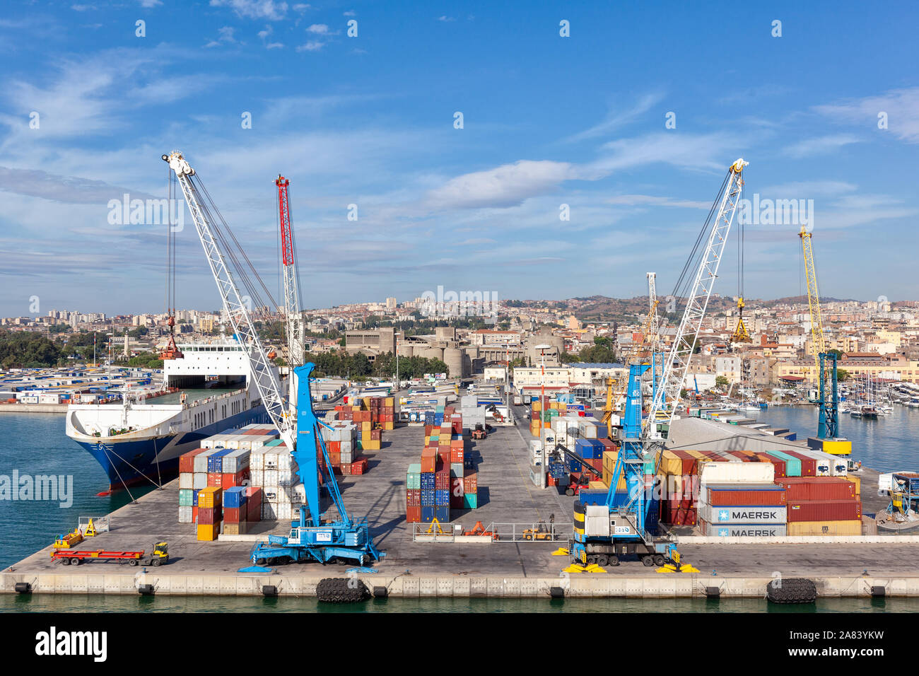 Aerial view of a cargo ship loaded in the Catania harbor container ...