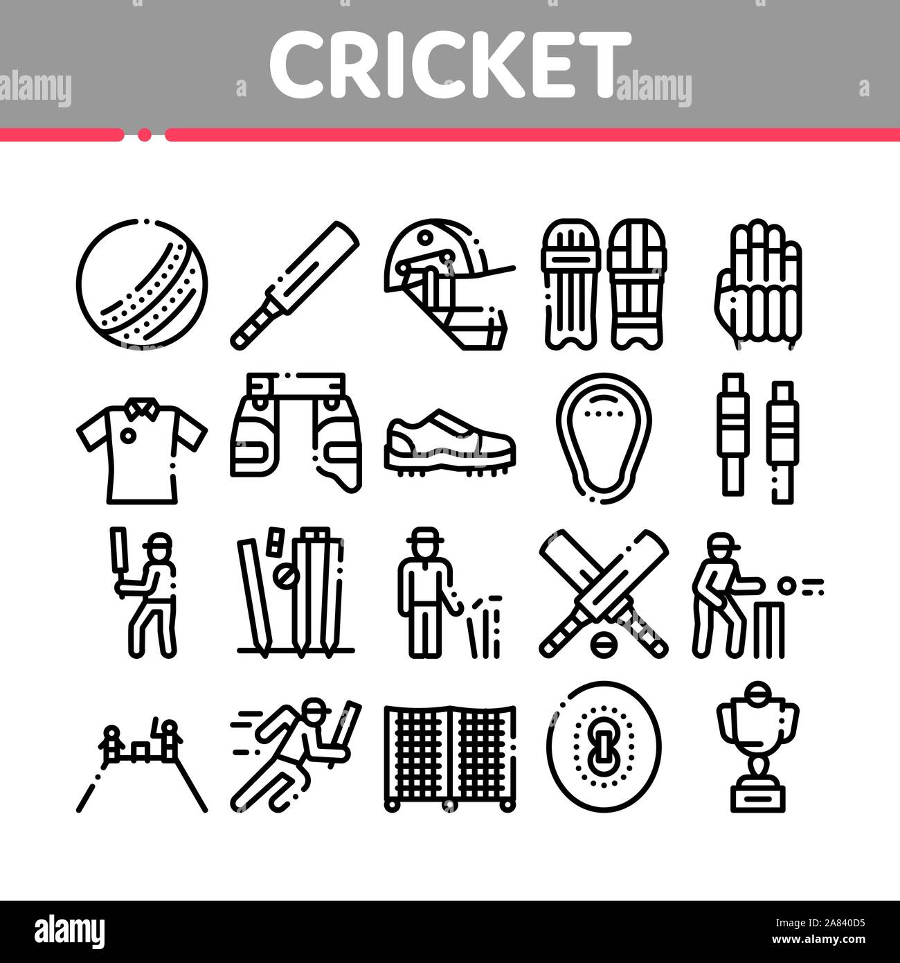 Cricket Game Collection Elements Icons Set Vector Stock Vector Image ...