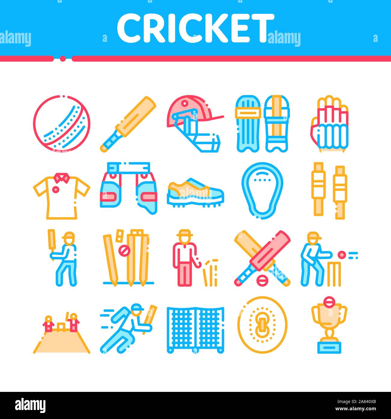 Cricket Game Collection Elements Icons Set Vector Stock Vector Image ...