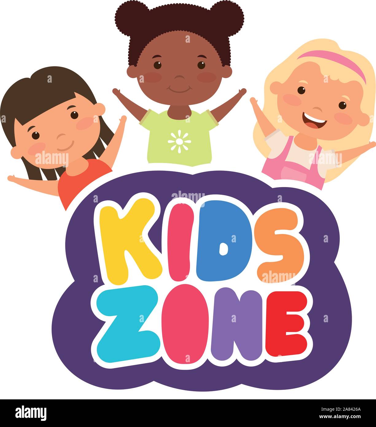 cute little interracial girls with kids zone lettering Stock Vector ...