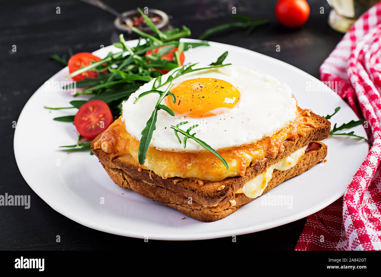 Breakfast. French cuisine. Croque madame sandwich close up on the table ...