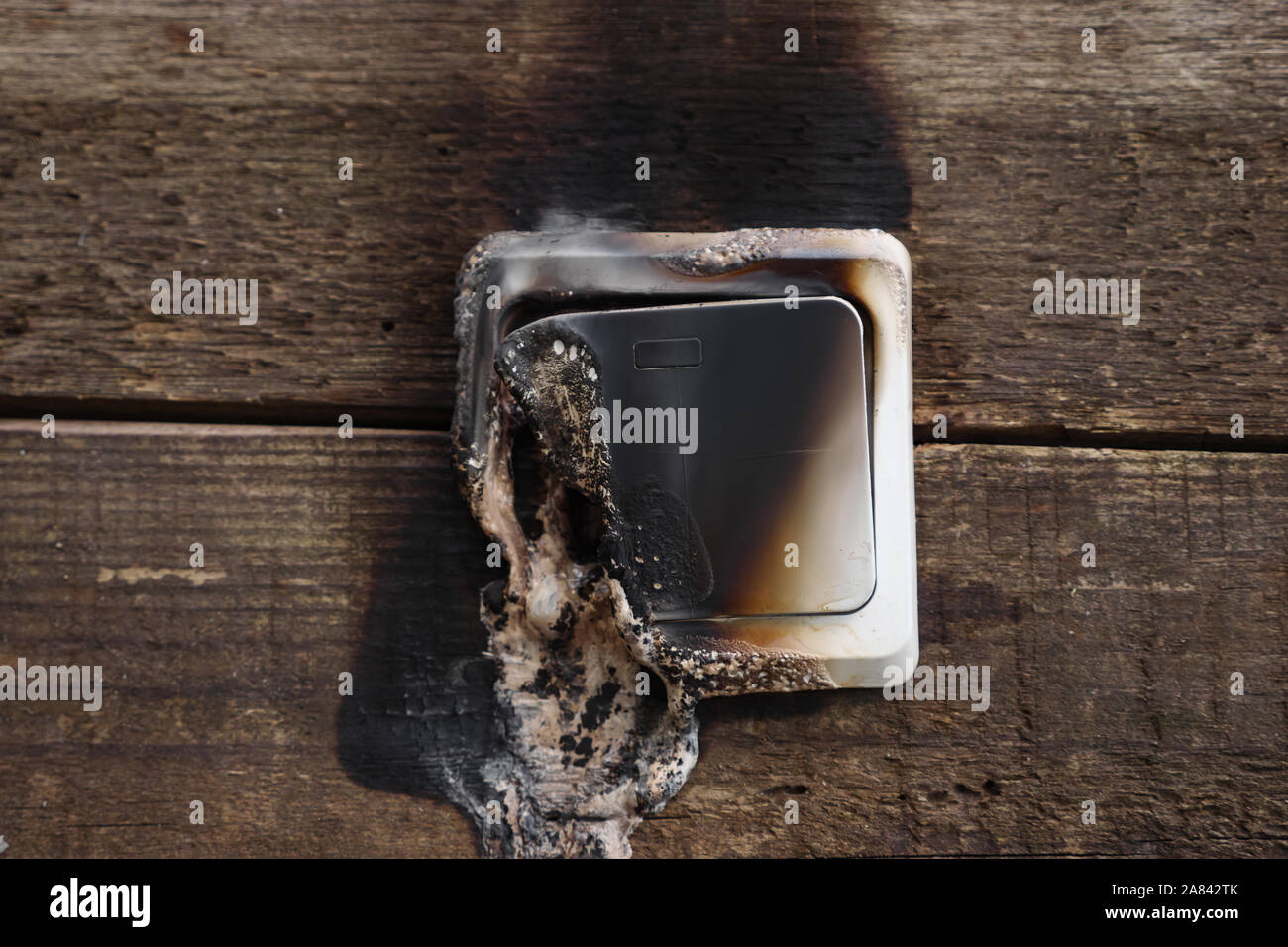 melting switch close-up. The fire was caused by a short circuit ...