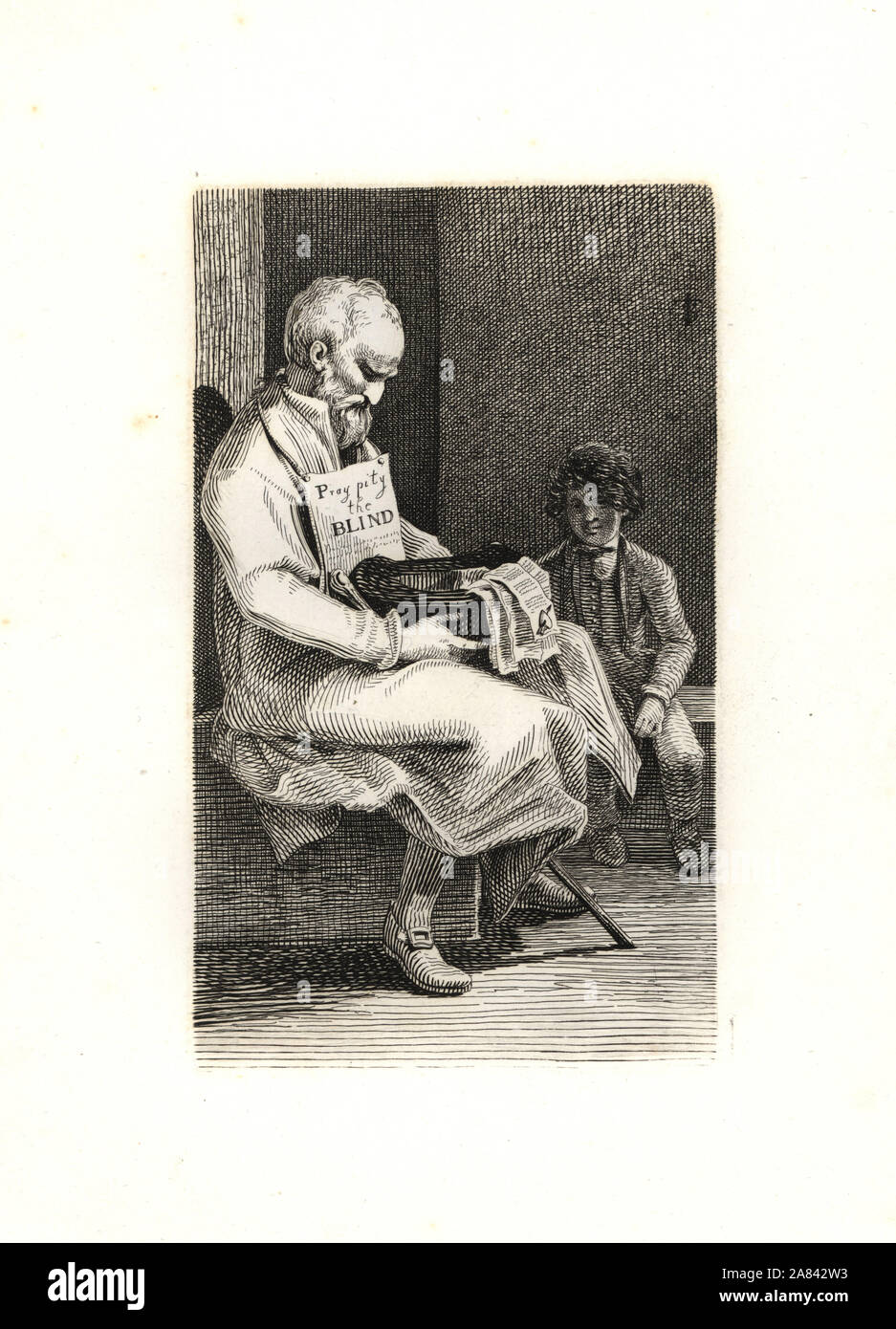 Silent blind beggar wear a sign that reads Pray pity the Blind, selling ...
