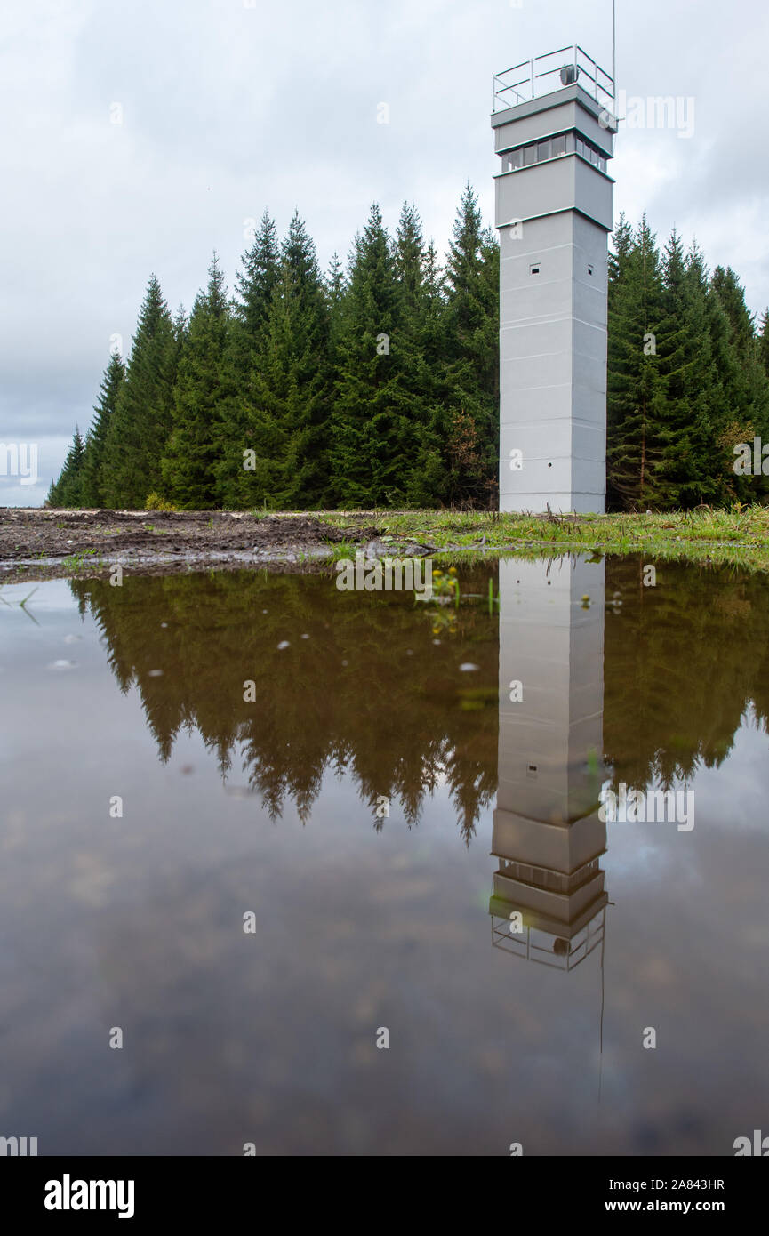 Sorge, Germany. 04th Nov, 2019. A former observation tower is reflected ...