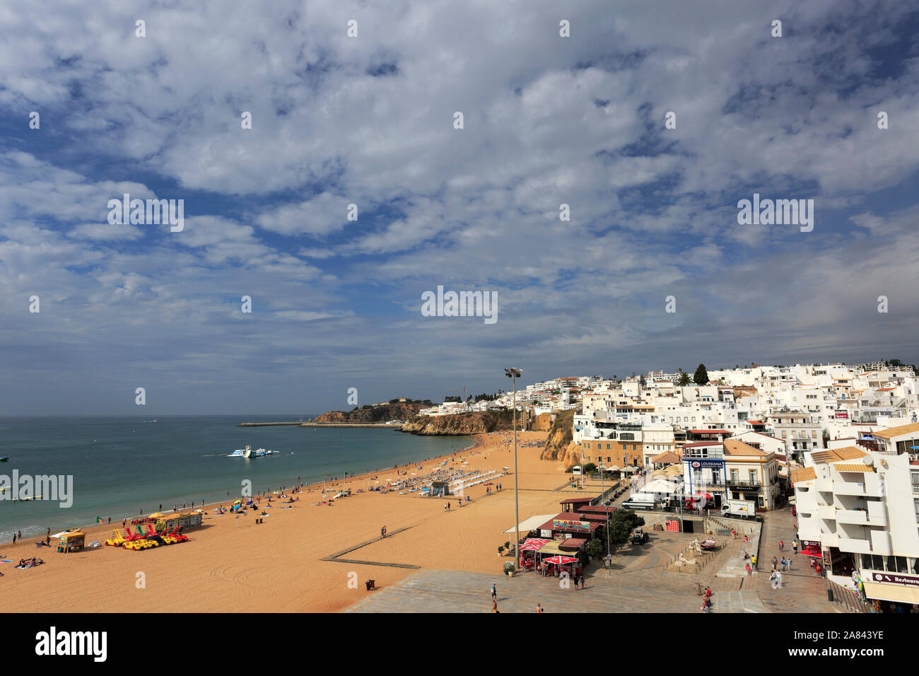 Summer view over Albufeira beach, Albufeira town, Algarve, Portugal ...