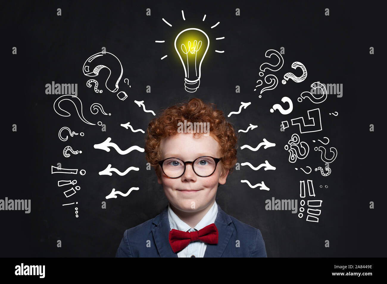 Little boyin glasses with lightbulb. Brainstorming and idea concept ...