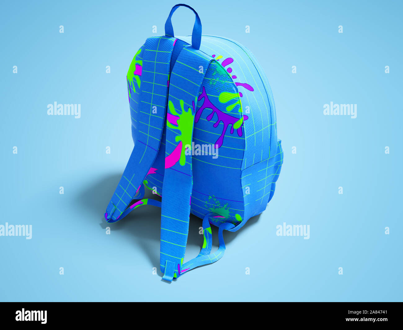 Blue teenage backpack school 3d render on blue background with shadow ...