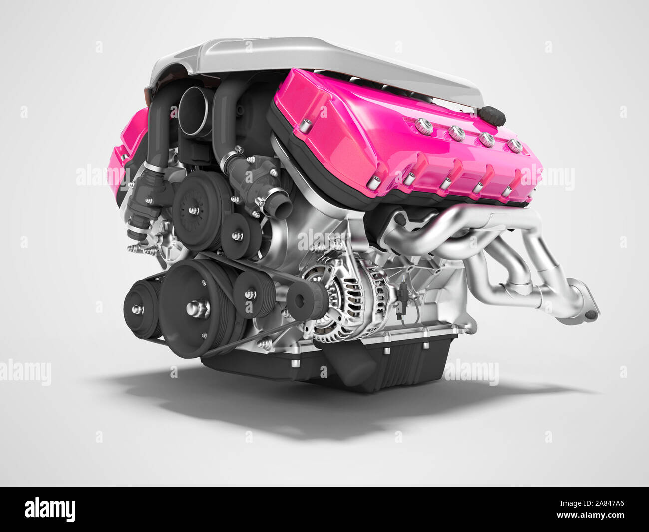 Car engine cast iron magenta with starter isolated 3d render on gray ...